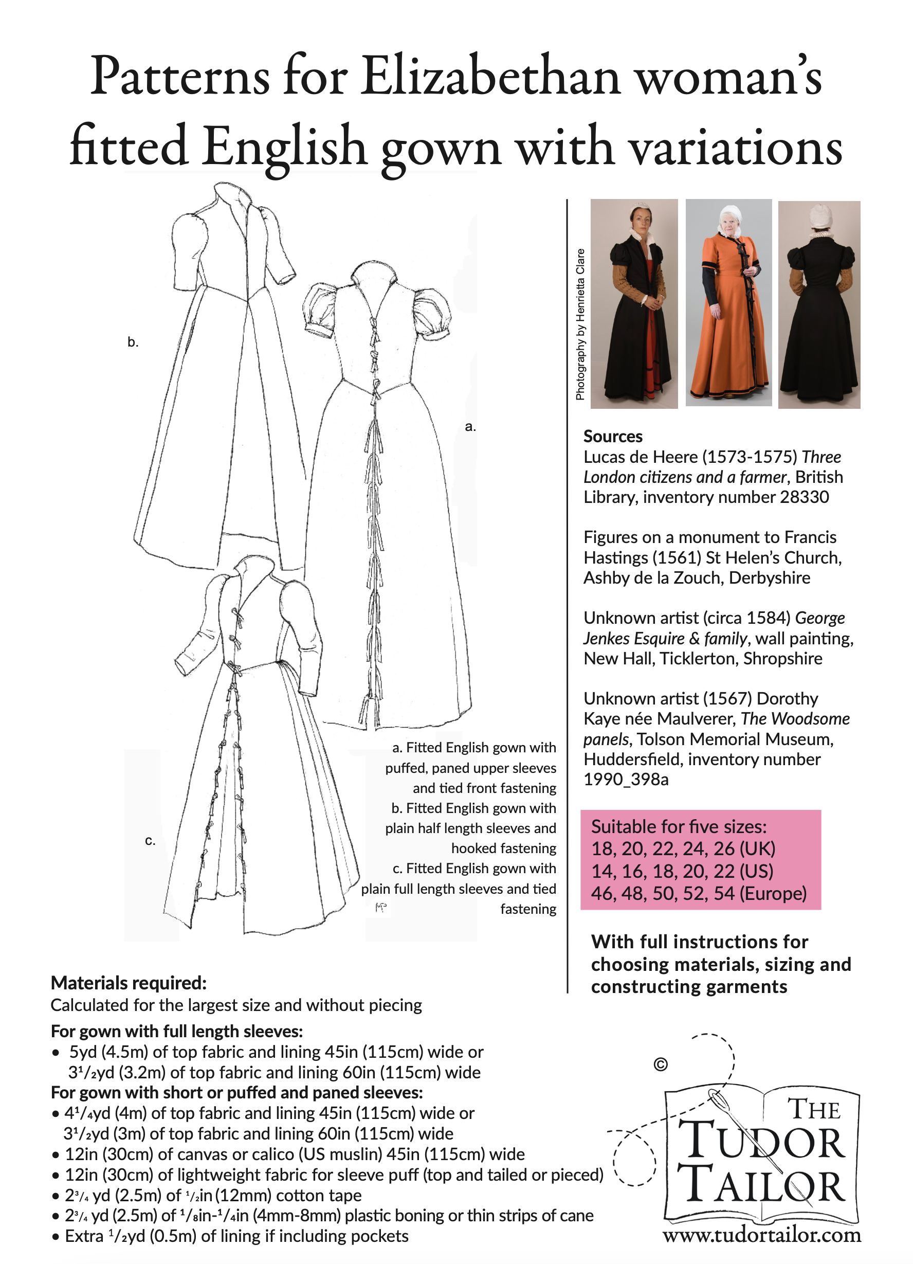 Pattern for Elizabethan woman's fitted English gown with variations ...